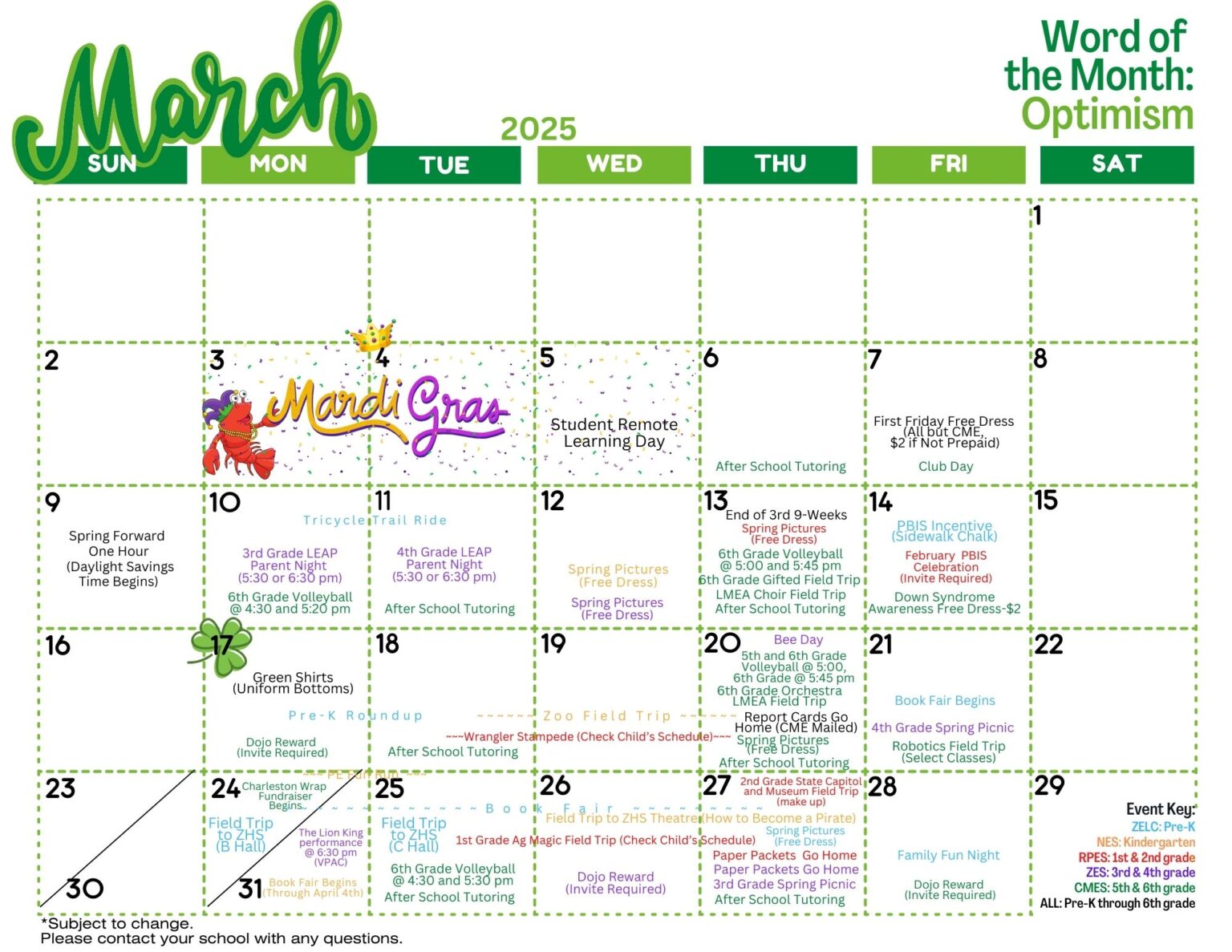 March Events Calendar - Zachary Early Learning Center